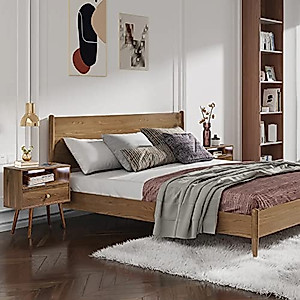 Nightstand with Charging Station and Led Lights, Mid Century Modern Nightstand with Wireless Charger, Wooden Bedside Storage Cabinet for Bedroom, Large Single Drawer & an Open Shelf, Walnut