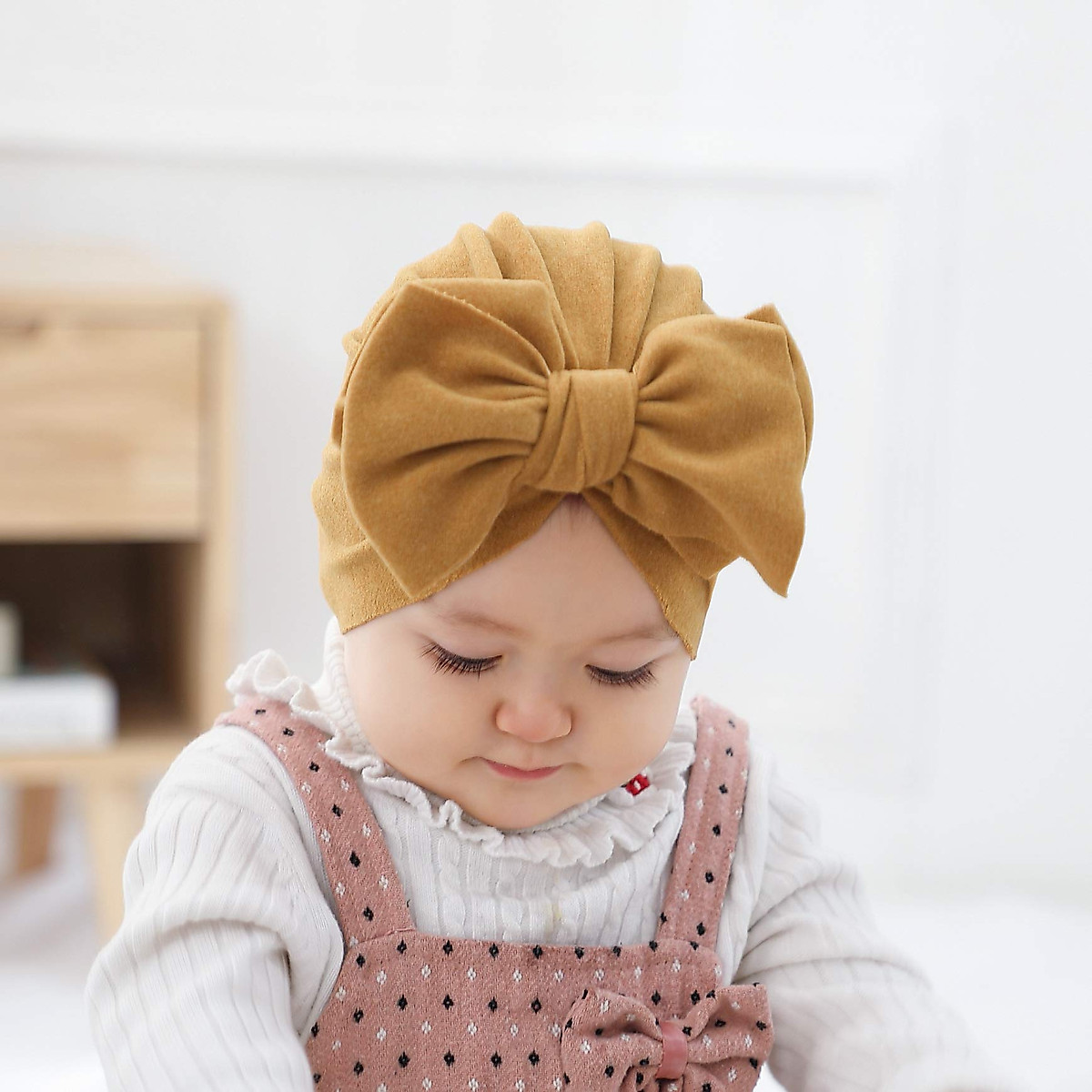 inSowni 8 Pack Super Soft Velvet Solid Nursery Hospital Turban Hat Cap Beanie Bonnet with Big Bow for Baby Girls Toddlers Newborns Infants