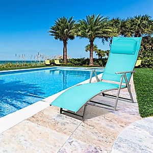 VcJta Patio Folding Chaise Lounge Chair with Turquoise Cushion Lightweight Recliner for Outdoor Relaxation & Comfort