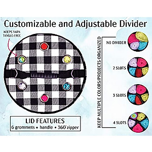 Steel Mill & Co Yarn Tote, Stylish Knitting Bag, Large Capacity Organizer for Knitting & Crochet Supplies, Craft Tote with Yarn Divider and Pockets for Hooks & Needles, Black Gingham