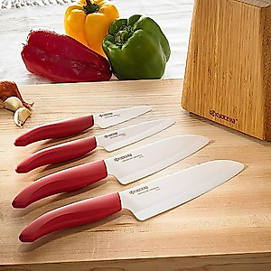 Kyocera 3-Piece Ceramic Knife Set: Includes 6-inch Chef's Knife, 5-inch Micro Serrated Knife, and 3-inch Paring Knife - Red Handles with White Blades