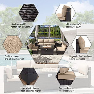 ALAULM 7 Pieces Outdoor Patio Furniture Set with Propane Fire Pit Table Patio Sectional Sofa Sets Outdoor Furniture 43" Gas Fire Pit Patio Conversation Set w/Glass Table & 5 Cushions (Sand)