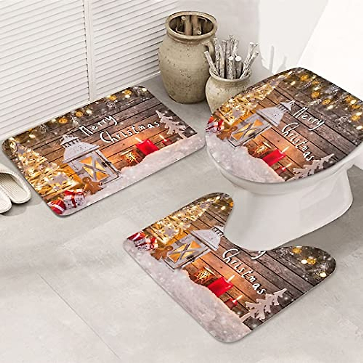 YRIGSUN 5 Pcs Wood Light Snow Christmas Tree Decor Merry Christmas Shower Curtain Sets with Rugs and Towels, Toilet Lid Cover, Bath Mat Festive Colorful Xmas Elements Bathroom Set