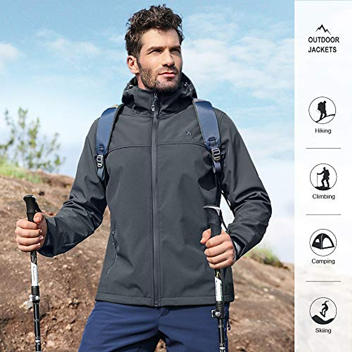 CAMEL CROWN Softshell Jacket Men Hooded Fleece Lined Outdoor Jackets Windproof Water Resistant for Hiking Casual Work Grey M