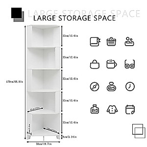 Yusong Bookshelf Corner Shelf Bookcase, Wooden 5-Tier Book Shelves Display Cabinet for Living Room,Bedroom,Bathroom, White