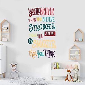 TOARTi Colorful Inspirational Lettering Quote Wall Decal-You’re Braver Than You Believe,Stronger Than You Seem,Smarter Than You Think, Positive Quote Sticker for Classroom Kids Decoration