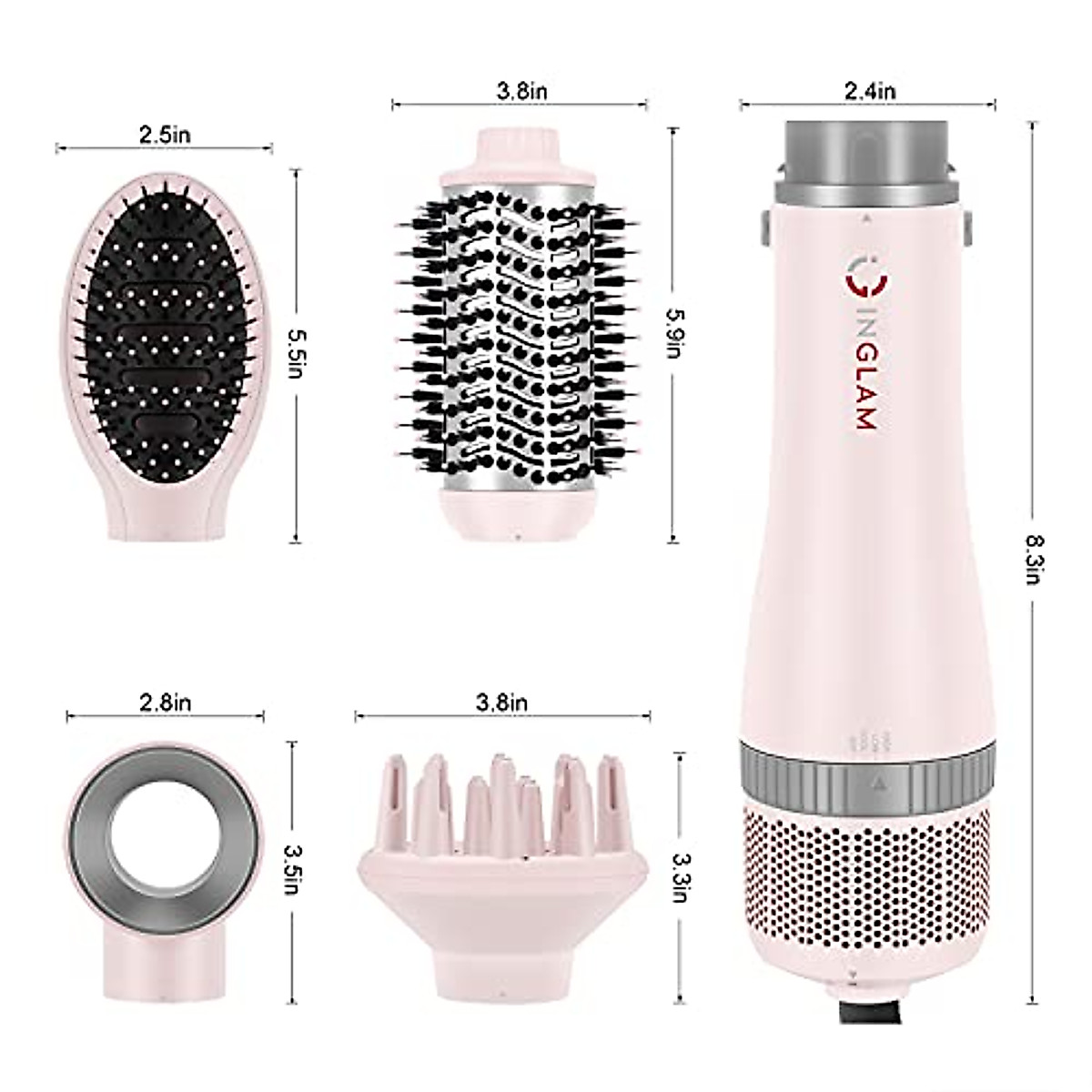 Hair Dryer Brush Set, IG INGLAM 4 in 1 Blowout Brush, Negative Ion Detachable Hair Dryer & Styler Volumizer Hot Air Hair Dryer Brush with 2 Styling Brush Heads, Pink