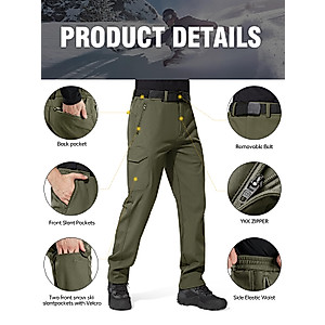 FREE SOLDIER Men's Outdoor Softshell Fleece Lined Cargo Pants Snow Ski Hiking Pants with Belt (Army Green 34W x 30L)