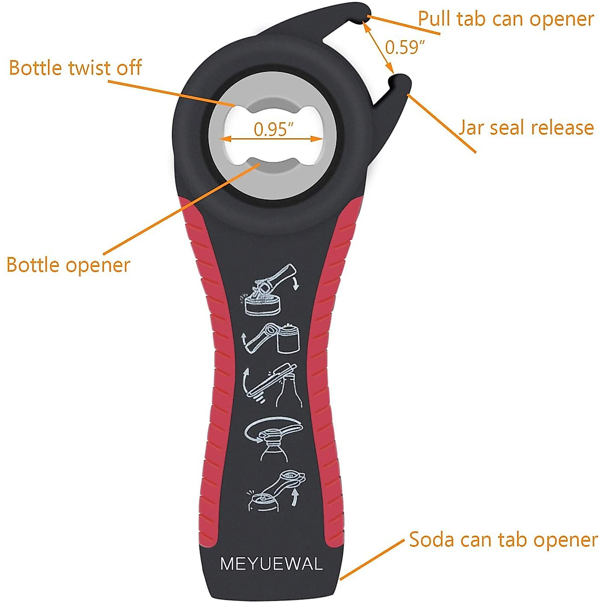 Jar Opener- Pad Rubber Jar Can Lid Opener, 5 in 1 Multi Function Can Opener Bottle Opener Kit with Silicone Handle Easy to Use for Children, Elderly and Arthritis Sufferers (JAR+D RED)