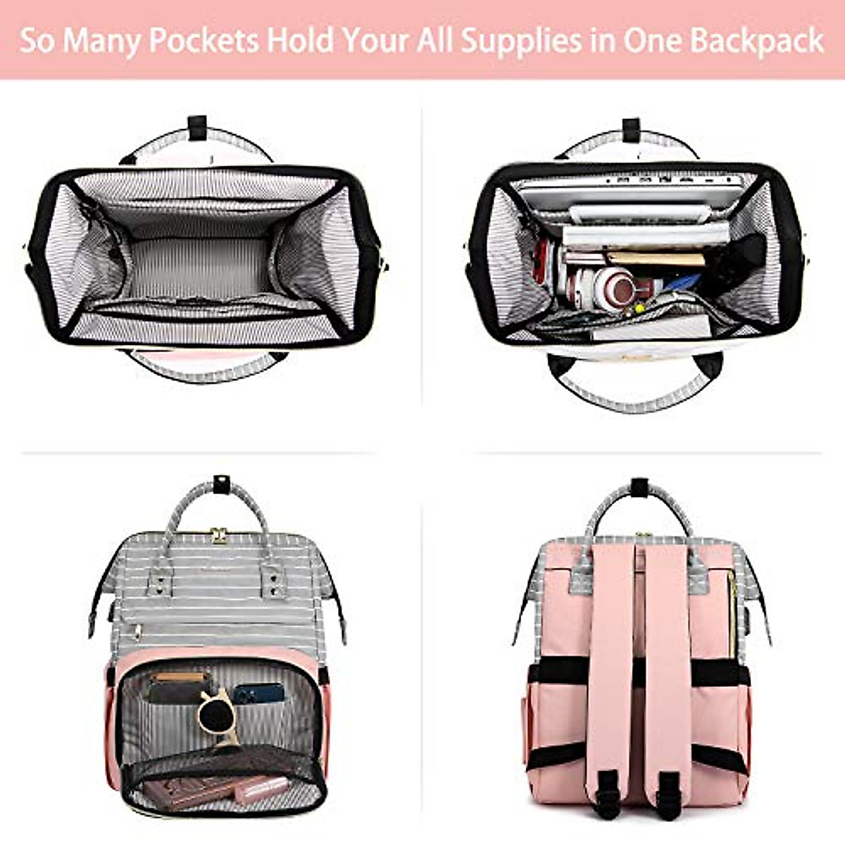 LOVEVOOK Laptop Backpack for Women Laptop Bag Computer Bag Teacher Work Bag Backpack Purse Rucksack,Stripe Grey and Pink