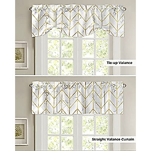 Tie Up Curtain Valance for Kitchen,White Marble Gold Stripes Geometric Window Valances Adjustable Tie-up Shade Valance,Abstract Herringbone Chevron Zigzag Rod Pocket Short Curtains Bathroom 42x18in