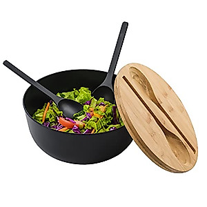 LOVYANXUE Bamboo Fiber Salad Bowl with Servers Set Large 9.8inches Nature Bamboo Mixing Bowl with Servers with Lid Spoon and Fork for Fruits ,Salads and Vegetables (Black, 10inch)