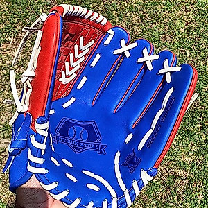 Hit Run Steal Pitcher's Baseball Glove - Right Hand Throw Full Grain Leather Basket Web Glove - Red Blue with White Laces - Perfect for Baseball Players (12 Inch)