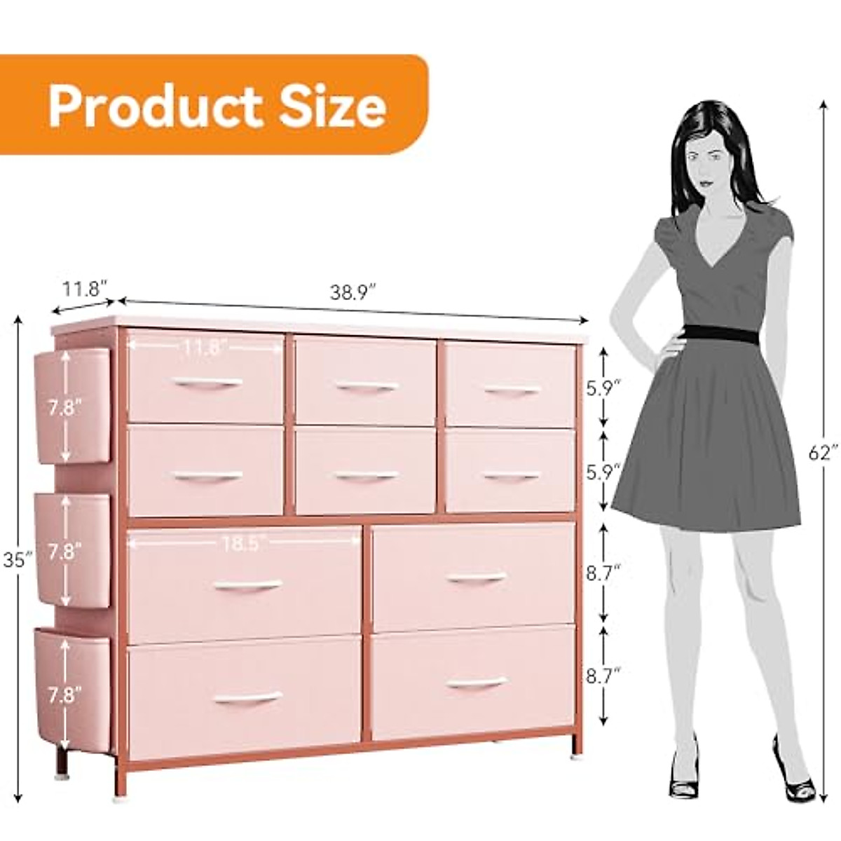 Jojoka Dresser for Bedroom with 10 Drawers, Dressers & Chest of Drawers, Fabric Storage Drawer with Side Pockets for Kids Room, Closet, Hallway, Entryway, Living Room