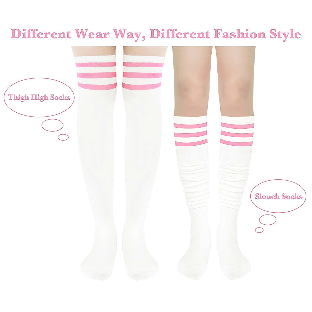 Gotneto Thigh High Socks for Women Thin Knee High Socks Striped Thigh High Socks Over the Knee Socks Long Thigh Highs Tights Casual Thigh High Stockings Socks 1 Pair White Pink One Size