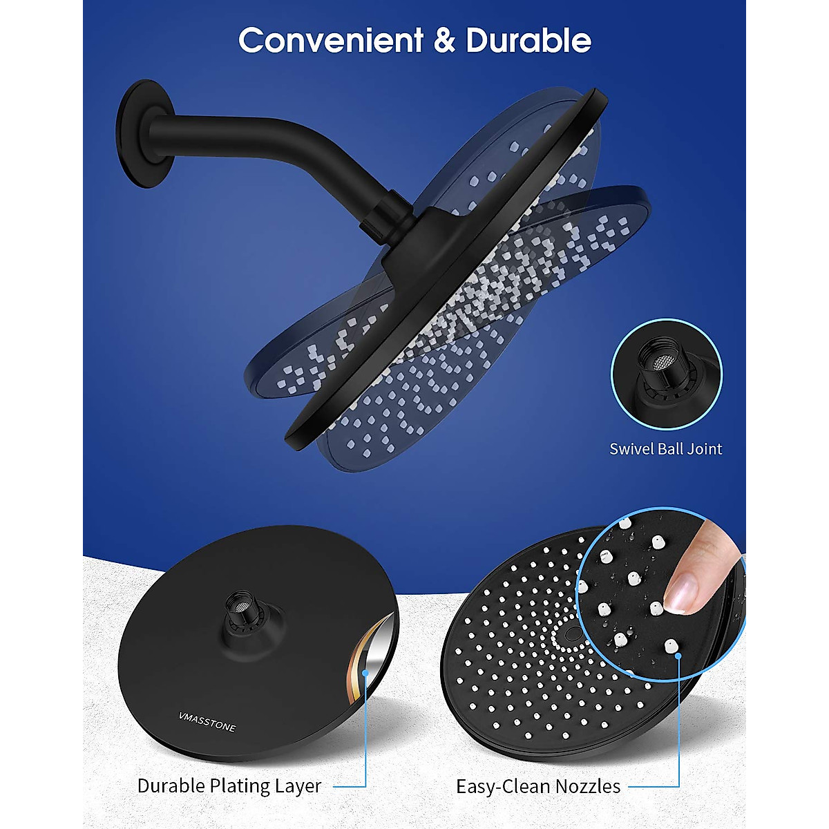 Rain Shower Head VMASSTONE 9In High Pressure Showerhead - Tool Free Installation- with Large Spray Surfaces and 200 Nozzles for Delicate and Unstimulate Shower Experience (EM-001 Matte Black/Black)
