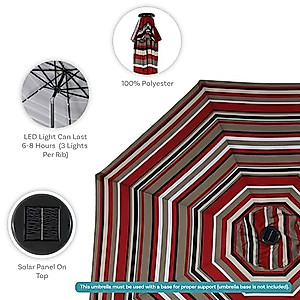 Sunnydaze 9 Foot Outdoor Patio Umbrella with Solar Lights & Tilt/Crank, LED, Awning Stripe