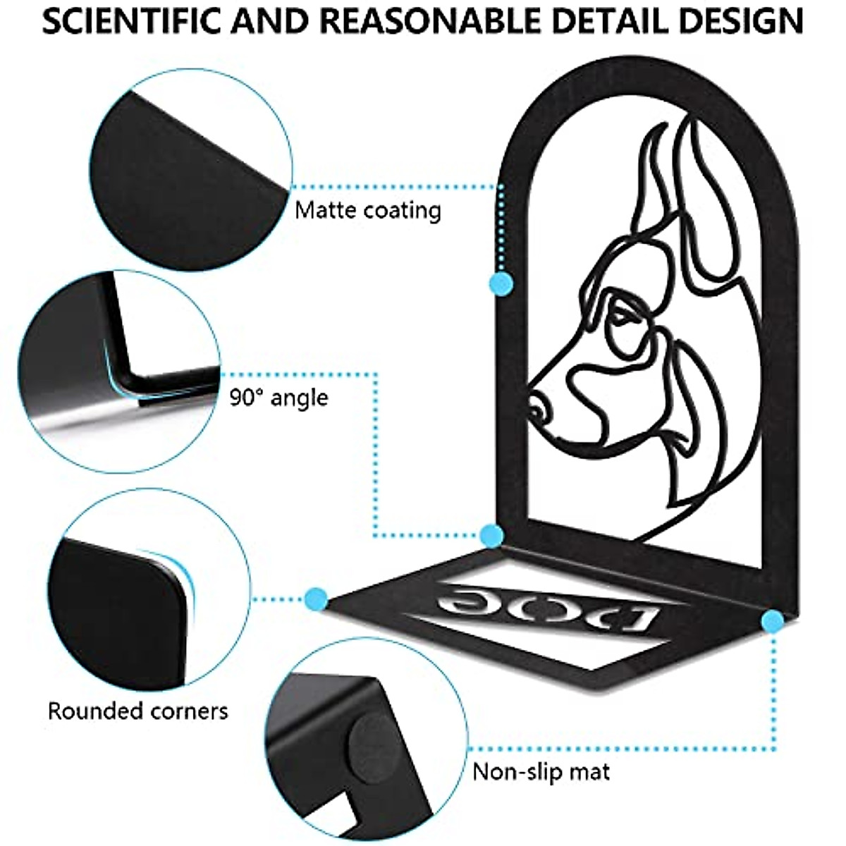 Book Ends Decorative Design Dog Modern Bookends for Shelves, Non-Skid Bookend, Heavy Duty Metal Book Stopper for Books/CDs, 7.9 x 5.3 x 4.3”, Black (1 Pair/2 Pieces, Large)