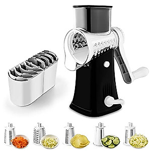 VEKAYA 5 in 1 Rotary Cheese Grater with Handle [5 Interchangeable Stainless Steel Blades] Cheese Shredder Food Vegetable Grader Hand Crank Grater for Kitchen with Bonus Storage Box for Blades - Black