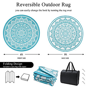 Bsmathom Round Outdoor Rug 6Ft for Patio Clearance, Reversible Outdoor Plastic Straw Camping Rug, Portable Washable Reversible Mats for Camping, RV, Picnic, Beach, Backyard, Pool Deck, Teal