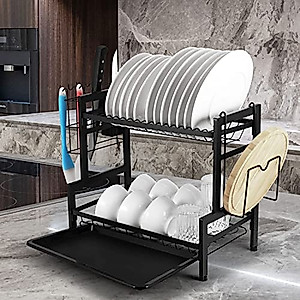 Flexzion 2 Tier Dish Drying Rack Drainboard Set, Kitchen Drying Rack Dish Drainer with Utensil Holder, Cup Hanger, Tray Plate Rack for Kitchen Countertop, Organizer, Storage Accessories, Black