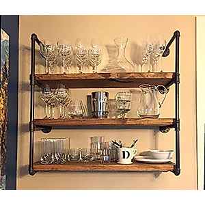 BOKKOLIK Farmhouse Floating Pipe Shelf with 31.5inch Length Wood Plank Retro Storage Wall Mounted Book Shelves 3 Tier for Kitchen Office Living Room