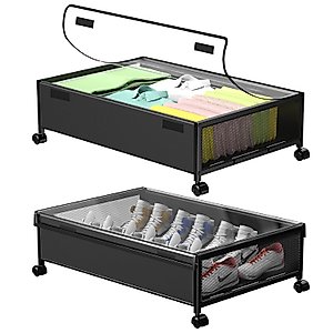 NADAMOO Under Bed Storage with Wheels and Clear Cover, Rolling Underbed Storage Containers, Metal Frame Under the Bed Organizer Bins for Bedroom Clothes Shoes Blankets Toys Books, Pack of 2