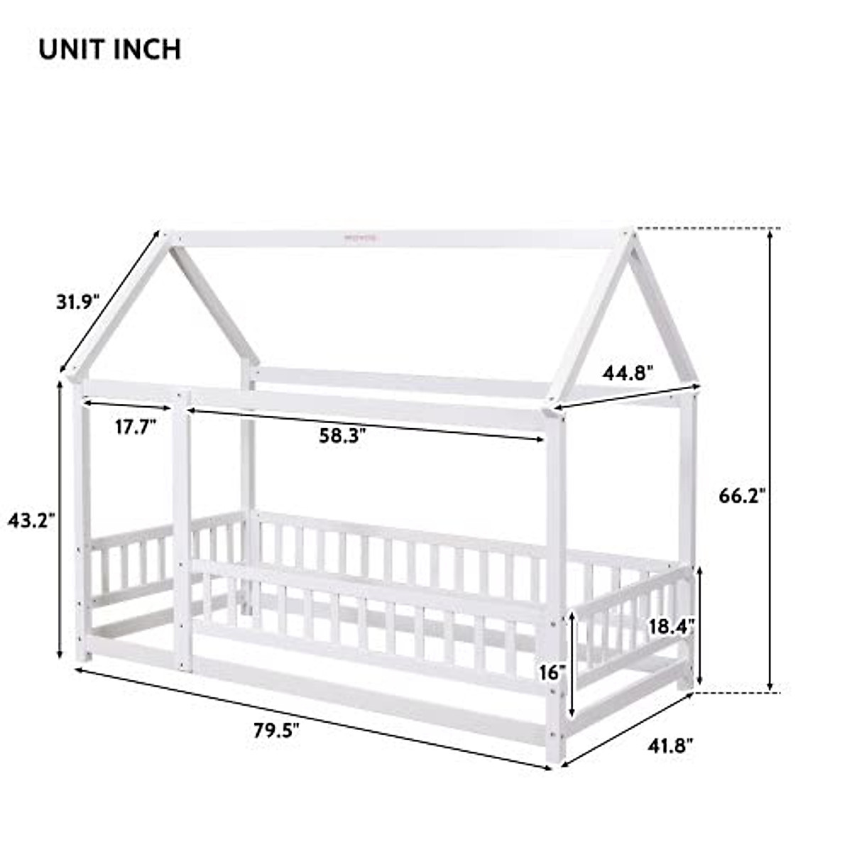 AnwickNomo Twin Size Floor Bed with Fence for Toddler, Montessori Bed with House Roof, Wooden Floor Bed Frame for Boy Girl Kids (White)