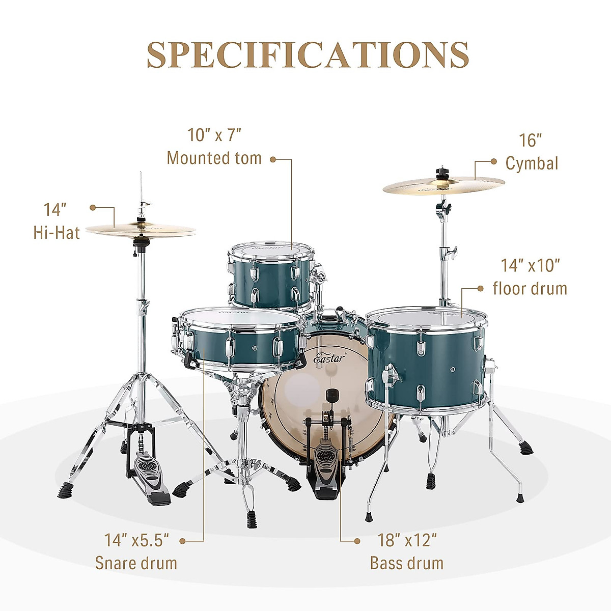 Eastar Adult Drum Set - 18-inch Full-Size Drum Kit for Adults, 4 Drum 2 Cymbal Drum Complete Drum Kit for Intermediate Drummers, Blue (EDS-540BE)