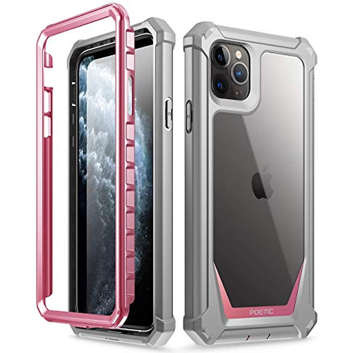 iPhone 11 Pro Max Case, Poetic Full-Body Hybrid Shockproof Ruggec Clear Bumper Cover, Built-in-Screen Protector, Guardian Series, Case for Apple iPhone 11 Pro Max (2019) 6.5 Inch, Pink/Clear