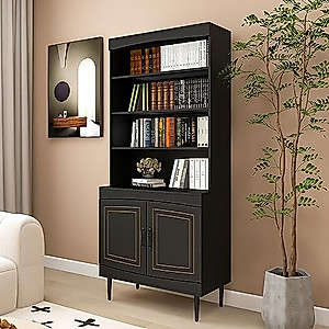 6-Tier Bookshelf, Storage Management Cabinet with 4 Spacious Shelves and 2 Storage Cabinets, Floor Standing Bookshelf for Home Offices, Kitchens and Living Room (Black)