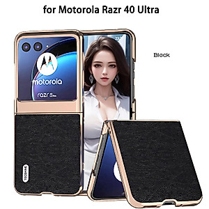 TECSHINE Case for Motorola Razr 40 Ultra Folding Screen Mobile Phone. Leather Cover Shell for Moto Razr+ 2023 Cell-Phone -Black