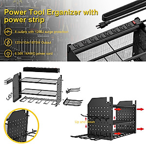 Havenfly Power Tool Organizer Wall Mount with Power Strip, 6 Drill Holder, Heavy Duty Metal Drill Storage Shelf with 8 Hooks, 3 Layer Storage Shelf with 2 Side Pegboards, Ideal Gifts for Men
