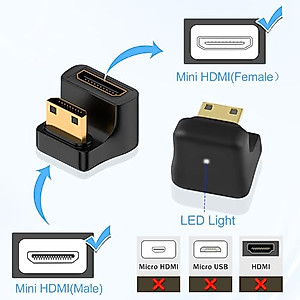 QIANRENON 8K Mini HDMI U Shape Angle Adapter UHD2.1 Mini HDMI Male to Mini HDMI Female 180 Degree Down HD Display Connector, LED Light, for DSLR Portable Camcorder Tablet PC, (Positive)