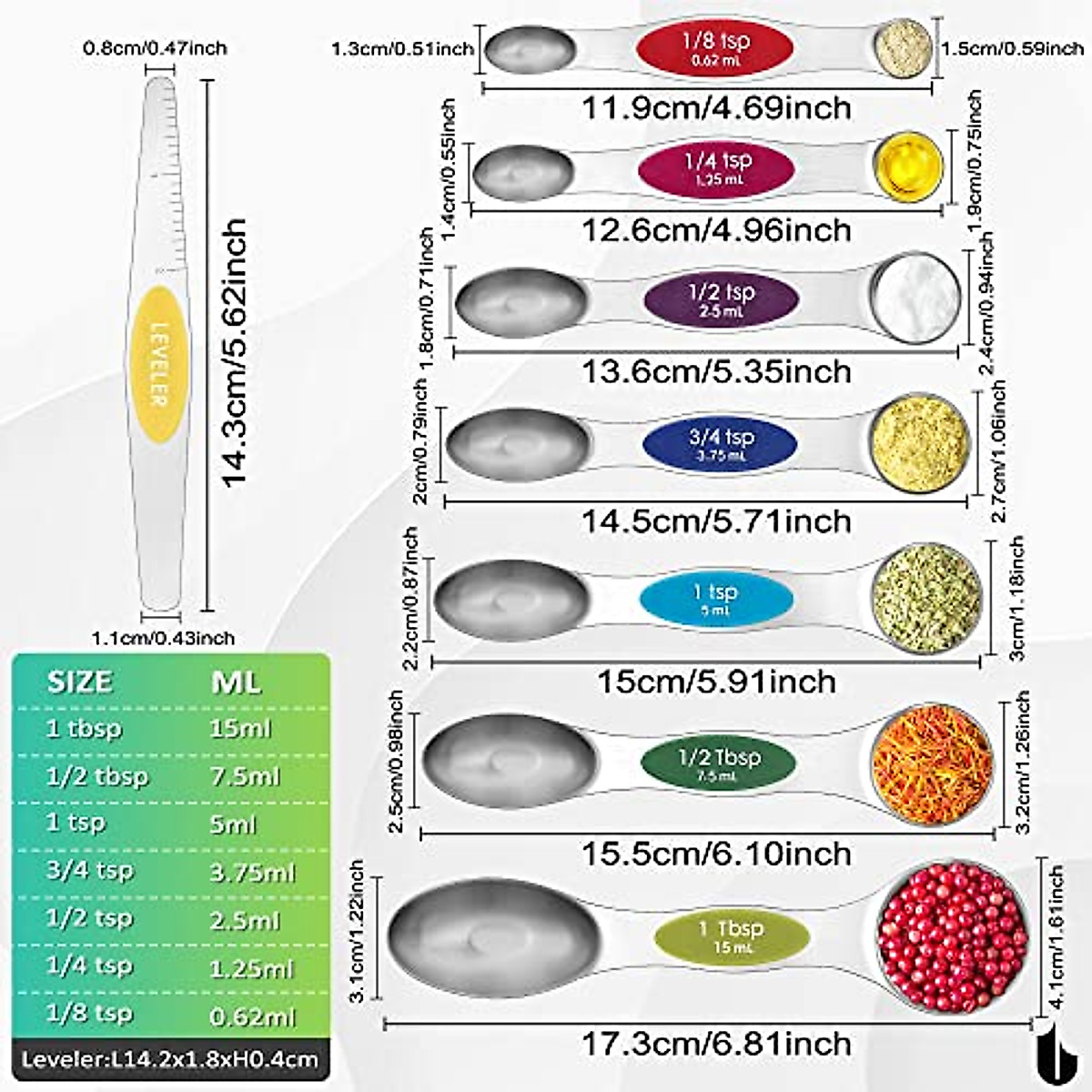 Urbanstrive Magnetic Measuring Spoons Set Stainless Steel, Dual Sided for Liquid Dry Food, Measuring Cups Spoons Set Fits in Spice Jar, Kitchen Gadgets, Cooking Utensils Set, Including Leveler, 8Color