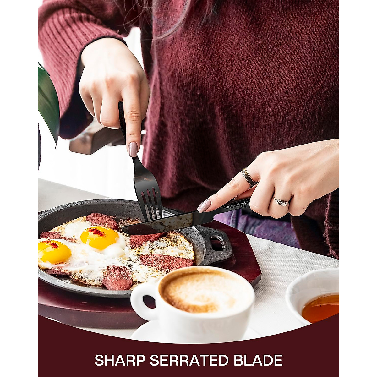 Hammered Black Silverware Set, EUIRIO 40-Piece Flatware Set for 8, Heavy Duty Stainless Steel Cutlery Set, Food-Grade Utensil Sets Includes Spoons Forks and Knives, Mirror Finish Dishwasher Safe