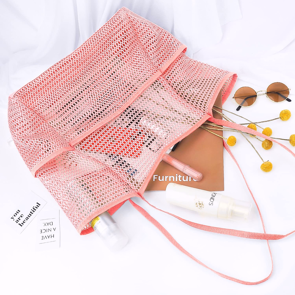 Ayieyill Mesh Beach Tote Large Bag Womens Shoulder Handbag with Multiple Pockets for Women Family Beach Pool Swimming Travel Vacation (M/Pink)