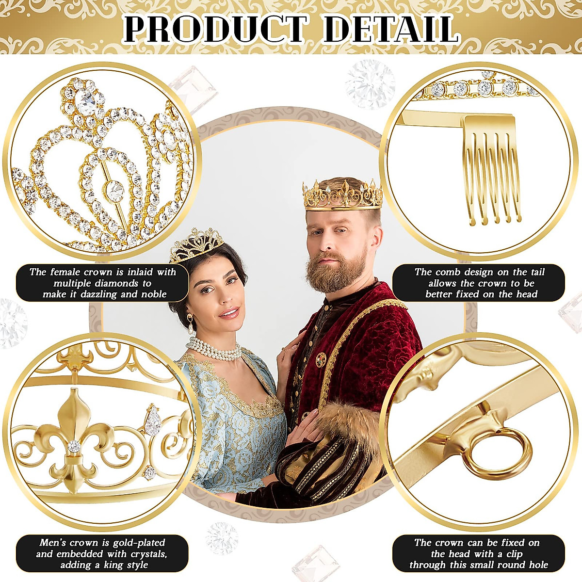 Henoyso 4 Pcs Prom King and Queen Crowns for Men Women King Queen Tiara Crystal Headband Homecoming Costume Party Favor(Gold, Silver, Elegant)