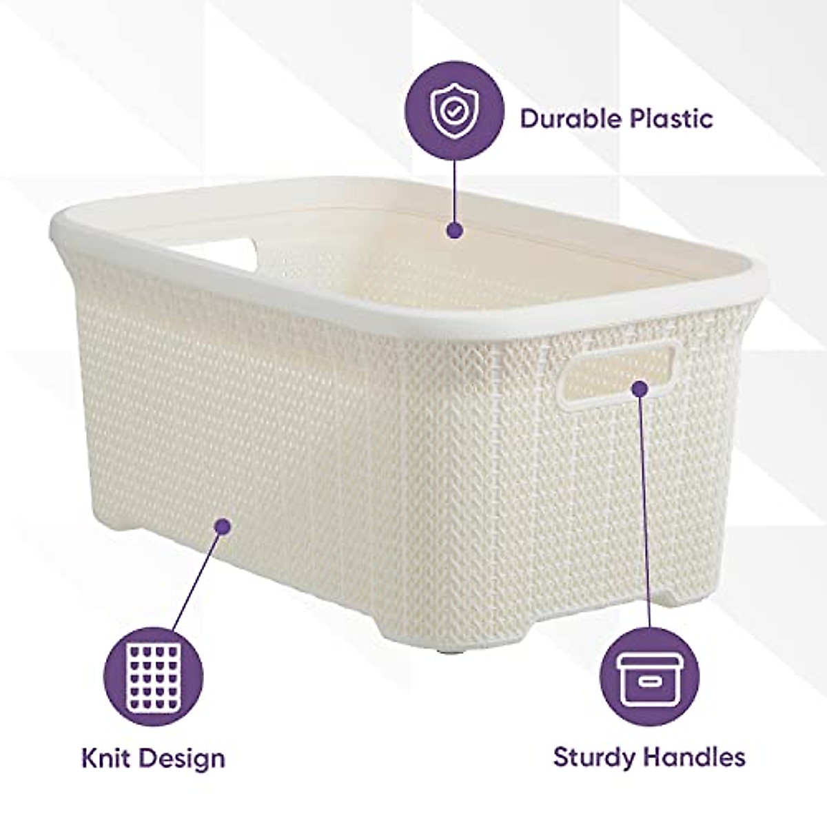 Plastic Laundry Basket Small Storage Hamper Basket, 2 Pack Cream Cloths Basket Organizer with Cut-Out Handles. Space Saving for Laundry Room Bedroom Bathroom, Knit Design 40 Liter.