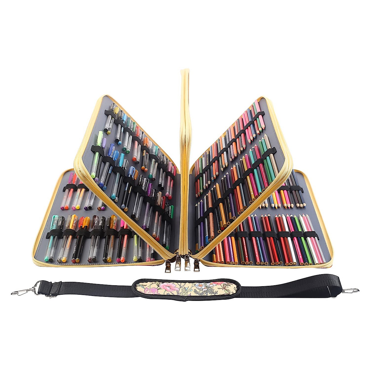 Shulaner Colored Pencil Case 128 Large Slots Holds 384 Pencils or 256 Gel Pens with 4 Layer Zipper Closure High Capacity Pen Organizer for Painter or Artist Yellow Flower