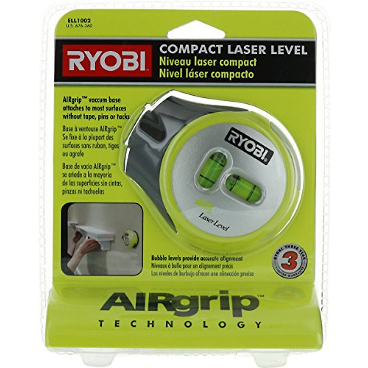 Ryobi ELL1002 Air Grip Compact Laser Level with Tripod Mounting and Corner Rounding Capability (AAA Batteries Included)