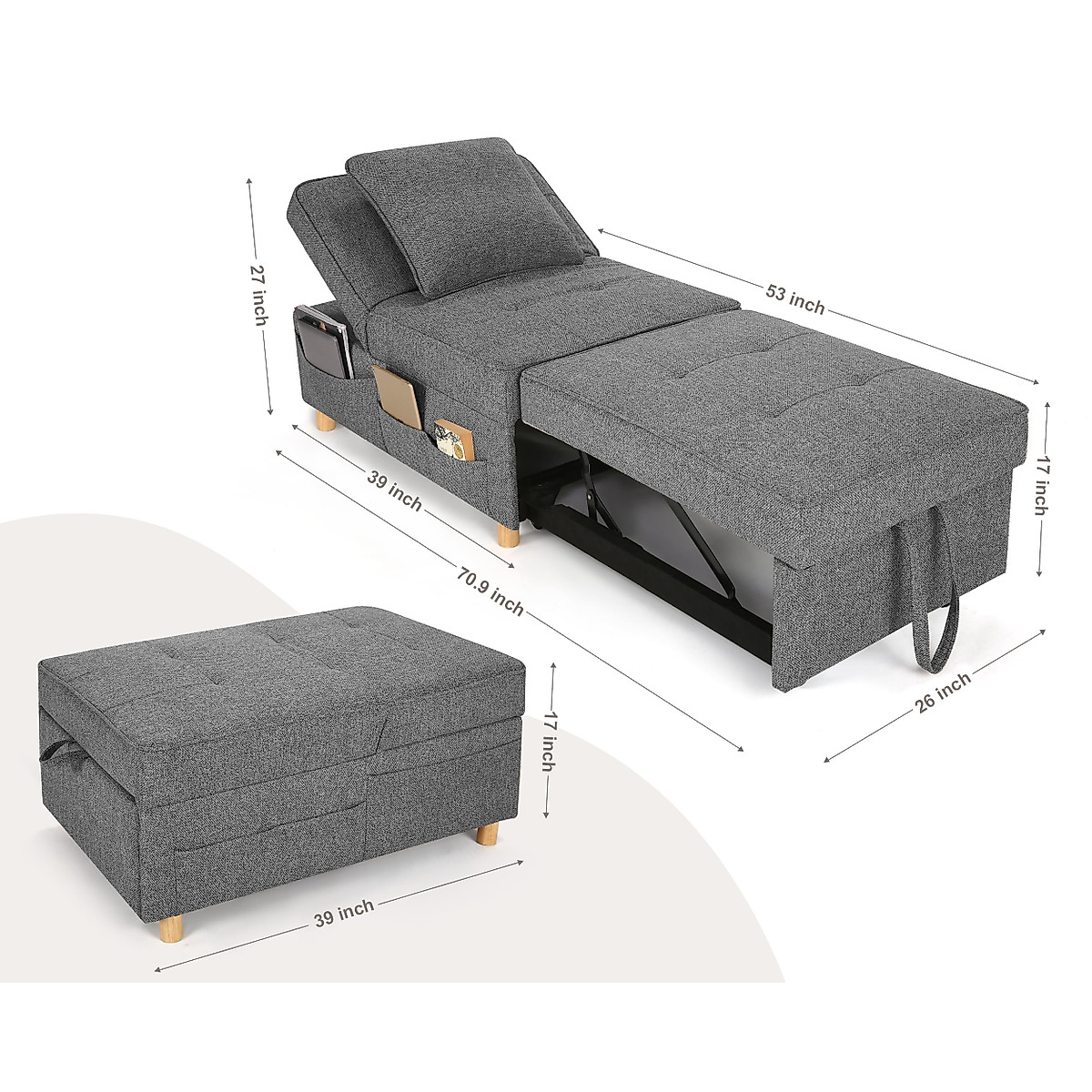 SEJOV Sleeper Sofa Chair Bed,4-in-1 Convertible Sofa Bed Chair with 6 Adjustable Backrest and Pillow, 3-Seat Pull Out Sleeper Chair Linen No Backrest for Bedroom Small Space Living Room, Dark Grey