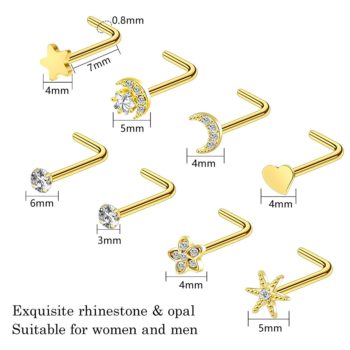 ONESING 14 PCS 20G Nose Rings for Women Nose Piercings Jewelry Gold Nose Rings Hoops Nose Studs Screw for Women Men, Stainless Steel, cubic zirconia