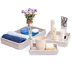 White Decorative Trays for Coffee Table Woven Tray Rectangle Bowl Wicker Flat Basket Weave Kit Rattan Baskets for Storage for Dishes Fruit Organizer for Kitchen Counter Top Decor (White wash )