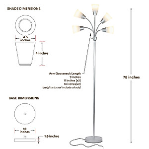 Brightech Medusa Modern LED Floor Lamp – Multi Head Dimmable Floor Lamp for Living Rooms & Offices – Tall Lamp with Interchangeable Shade, Standing Lamp with 5 LED Bulbs for Hobbies - Silver