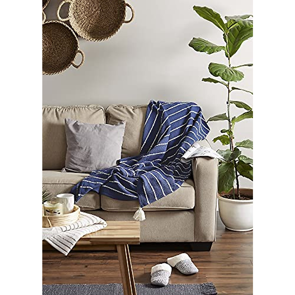 DII Striped Throw Collection Cotton Slub, Hand-Tied Tassels, 50x60, French Blue & Off-White