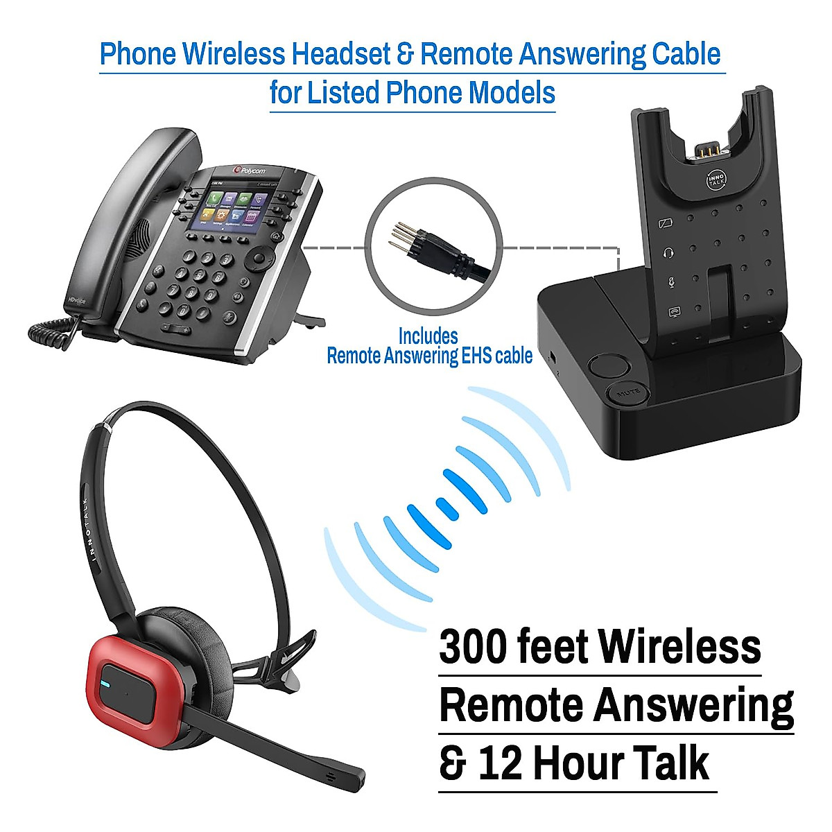 INNOTALK Wireless Headset Compatible with Polycom VVX150, VVX250, VVX350, VVX450, VVX500, VVX600, VVX1500 with an EHS Cord - Desk Office Phone Call Center Wireless Headset(Pioneer)