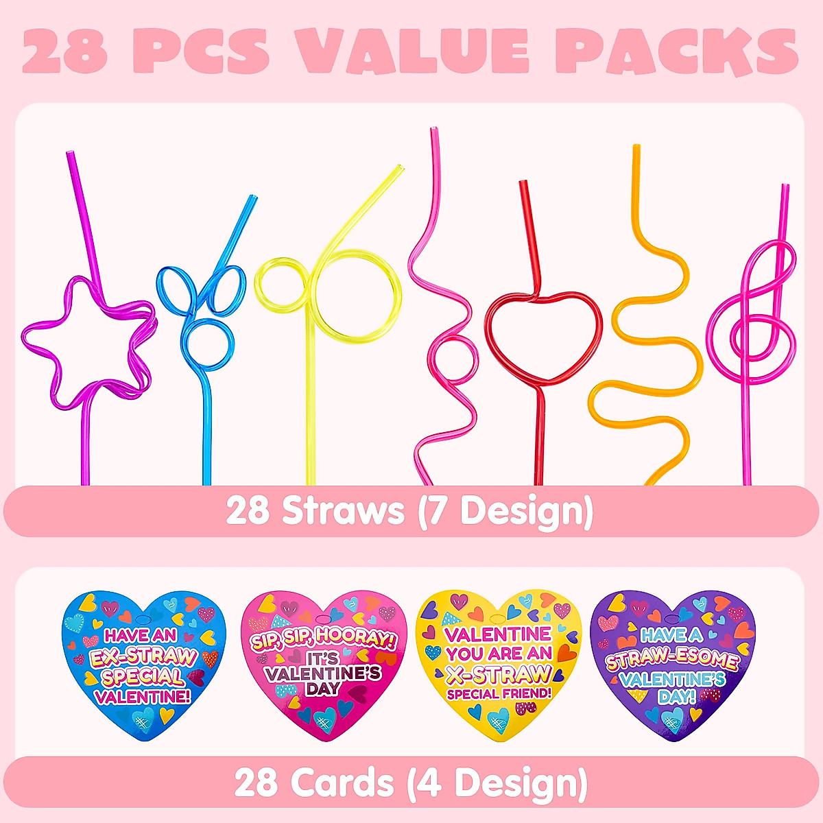 JOYIN 28 Pack Valentines Day Gift Cards with Gift Colorful Crazy Loop Reusable Drinking Straws for Classroom Exchange Prizes, Valentine Party Favors Toy