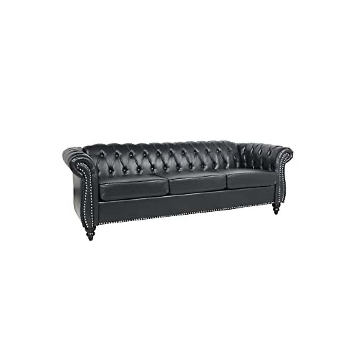 DEINPPA Chesterfield Faux Leather Fabric Sofa with Rolled Arm and Nailhead 84" Modern Design Three Seater Sectional Couch for Home Furniture (Faux Leather, Black)
