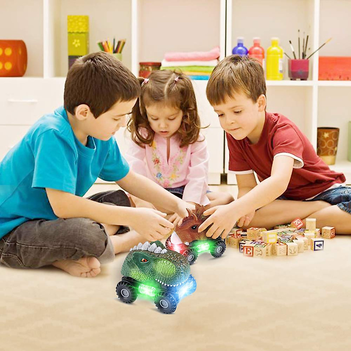 Whongkidz Dinosaur Toy Cars 2 Pack Set for Boys Girls Toddler Kids Toys Dino Car with LED Lights and Sounds Effect Automatic Dino Truck